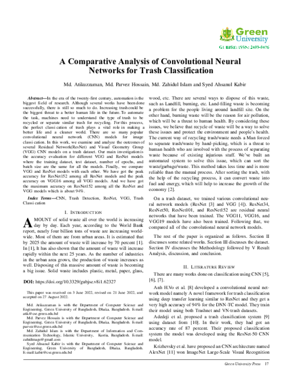 (PDF) A Comparative Analysis of Convolutional Neural Networks for Trash Classification | Parvez ...
