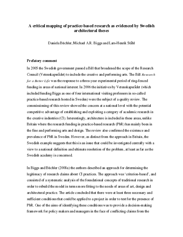 (PDF) A Critical Mapping of Practice-Based Research as Evidenced by Swedish Architectural Theses ...