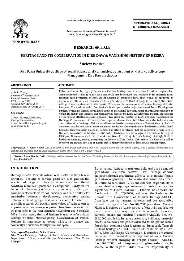 (PDF) HERITAGE AND ITS CONSERVATION IN DIRE DAWA: VANISHING HISTORY OF ...