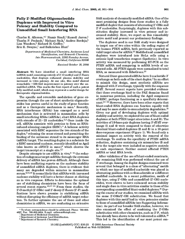 (PDF) Fully 2‘-Modified Oligonucleotide Duplexes with Improved in Vitro ...