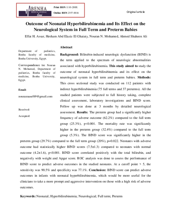 (PDF) Outcome of Neonatal Hyperbilirubinemia And Its Effect on ...