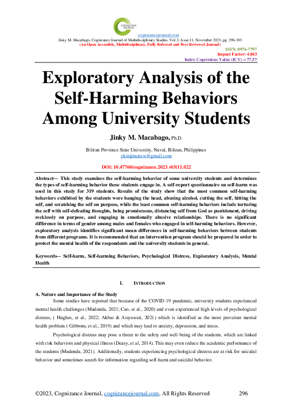 (PDF) Exploratory Analysis of the Self-Harming Behaviors Among University Students