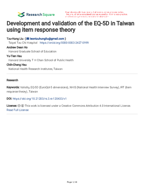 (PDF) Development and validation of the EQ-5D in Taiwan using item response theory | Yu-Tien Hsu ...