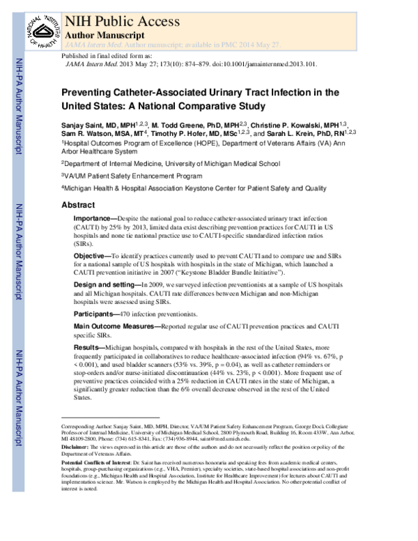 (PDF) Preventing Catheter-Associated Urinary Tract Infection in the ...