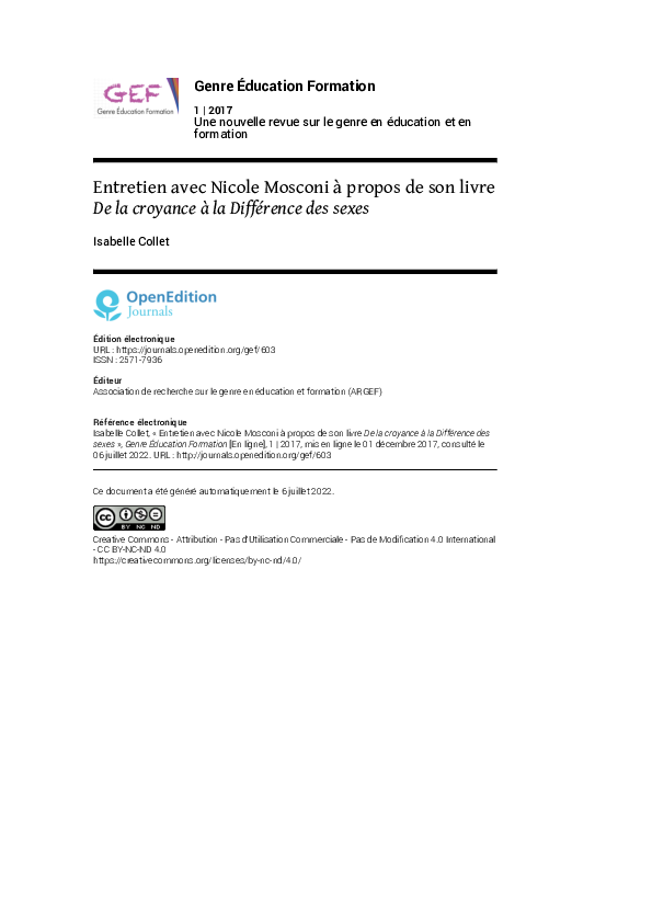 (PDF) Entretien avec Nicole Mosconi à propos de son livre De la ...
