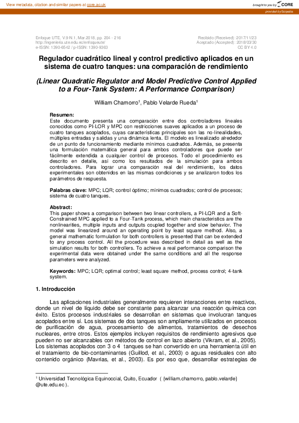 (PDF) Linear Quadratic Regulator and Model Predictive Control Applied to a Four-Tank System: A ...