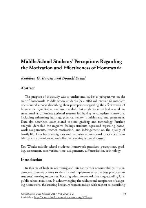 (PDF) Middle School Students' Perceptions Regarding the Motivation and Effectiveness of Homework