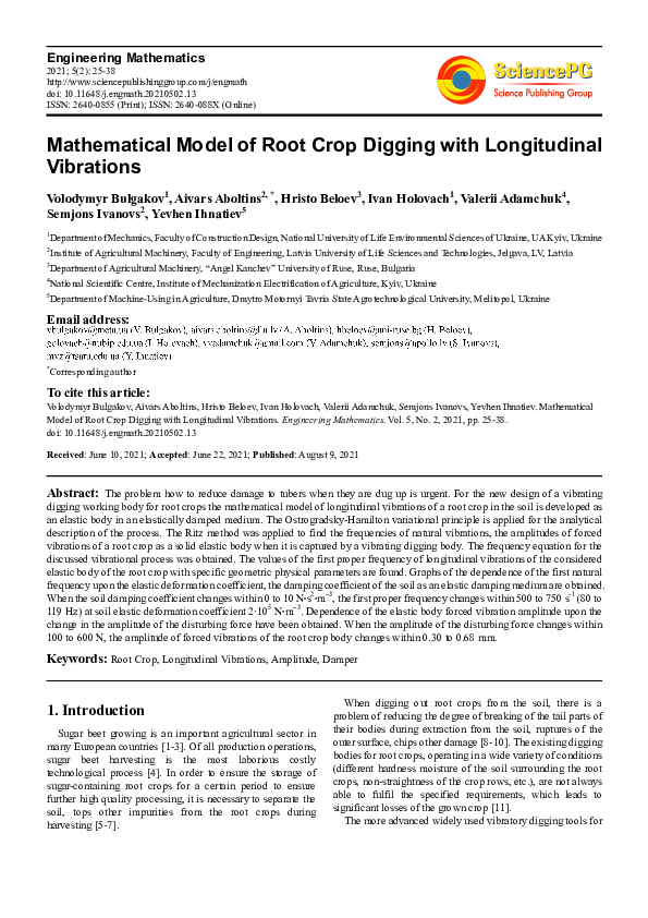 (PDF) Mathematical Model of Root Crop Digging with Longitudinal Vibrations