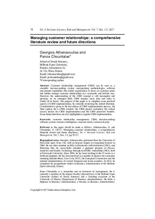 (PDF) Managing customer relationships: a comprehensive literature review and future directions