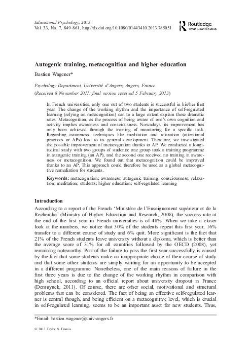 (PDF) Autogenic training, metacognition and higher education