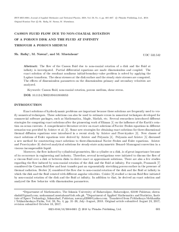 (PDF) Casson Fluid Flow Due to Non-Coaxial Rotation of a Porous Disk ...