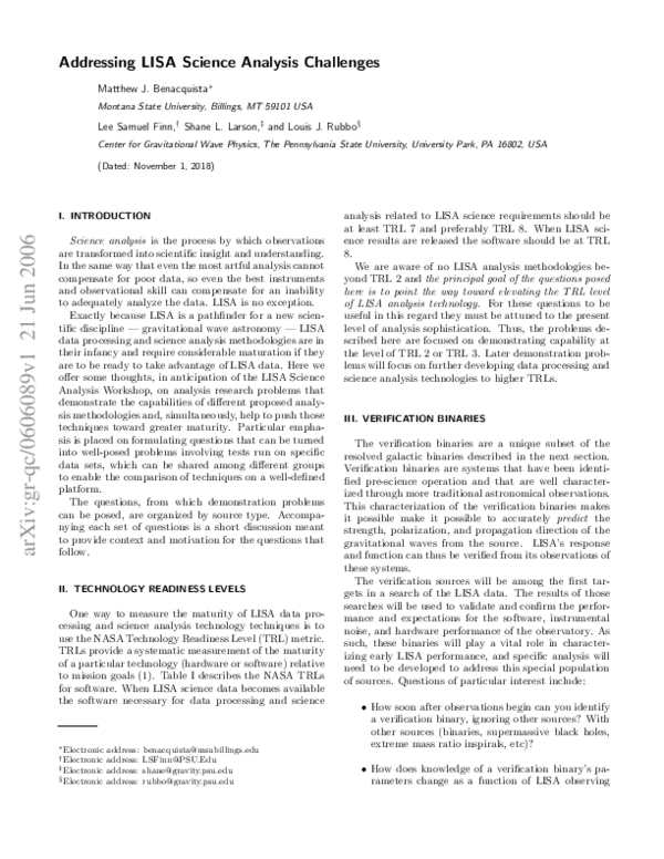 (PDF) Addressing LISA Science Analysis Challenges