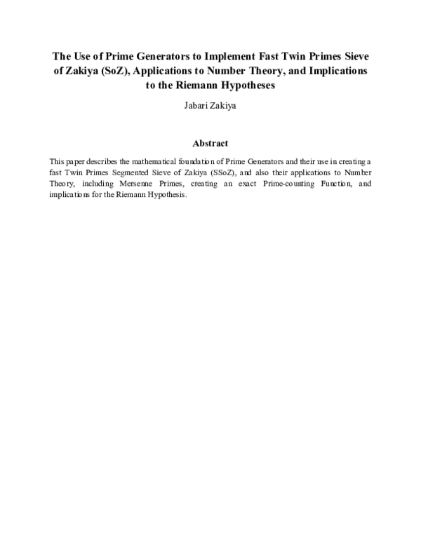 (PDF) The Use of Prime Generators to Implement Fast Twin Primes Sieve ...