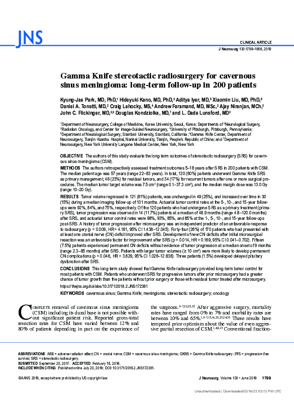 (PDF) Gamma Knife stereotactic radiosurgery for cavernous sinus ...