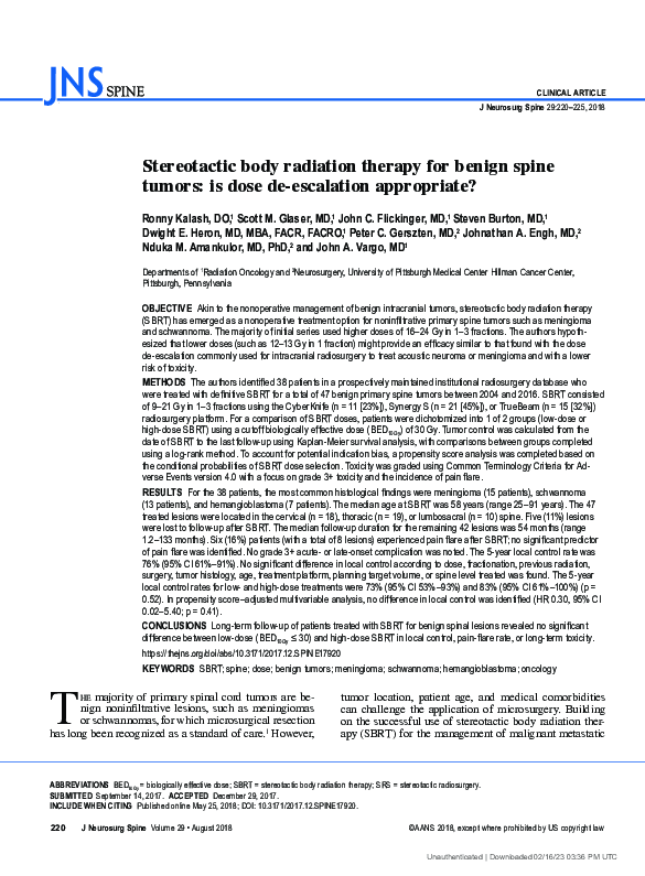 (PDF) Stereotactic body radiation therapy for benign spine tumors: is ...