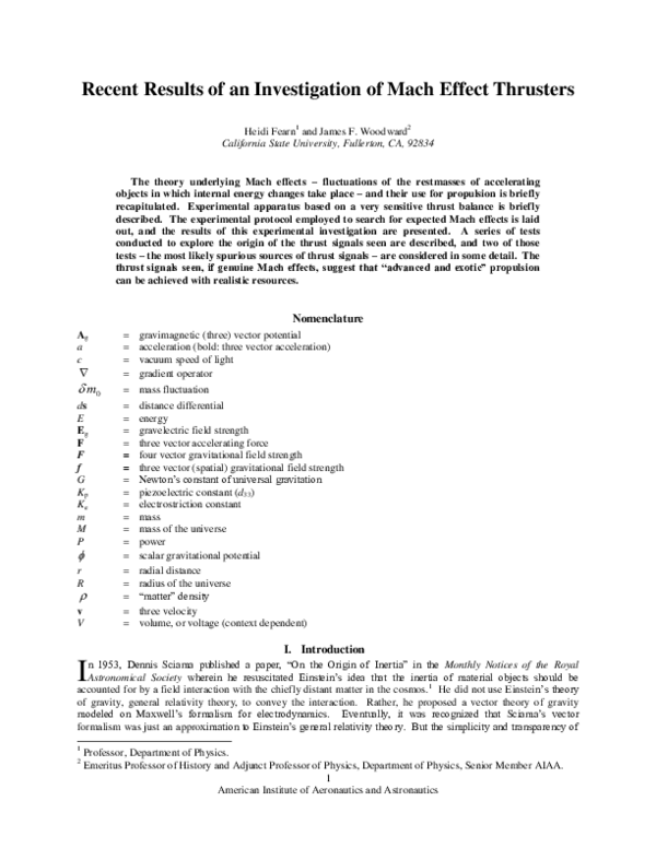 (PDF) Recent Results of an Investigation of Mach Effect Thrusters ...