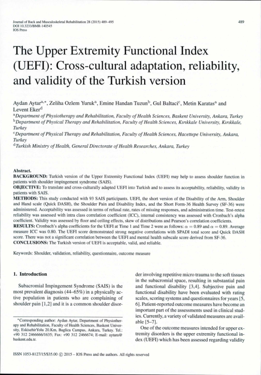 (PDF) The Upper Extremity Functional Index (UEFI): Cross-cultural ...