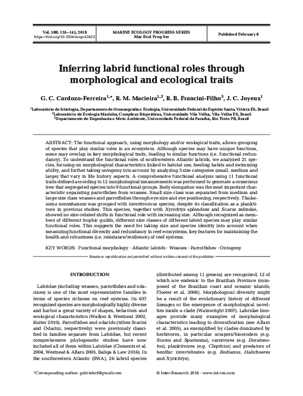 (PDF) Inferring labrid functional roles through morphological and ecological traits