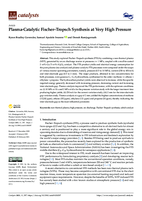 (PDF) Plasma-Catalytic Fischer–Tropsch Synthesis at Very High Pressure