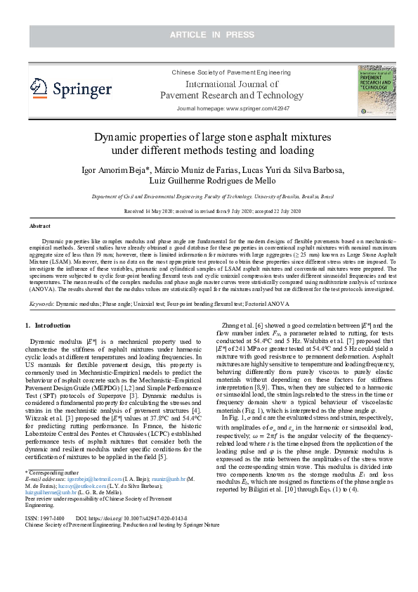 (PDF) Dynamic properties of large stone asphalt mixtures under ...