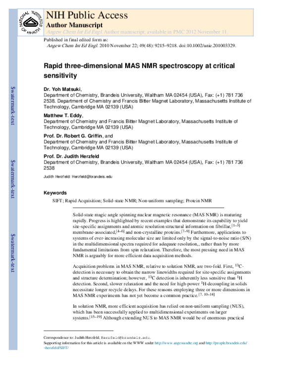 (PDF) Rapid Three‐Dimensional MAS NMR Spectroscopy at Critical Sensitivity