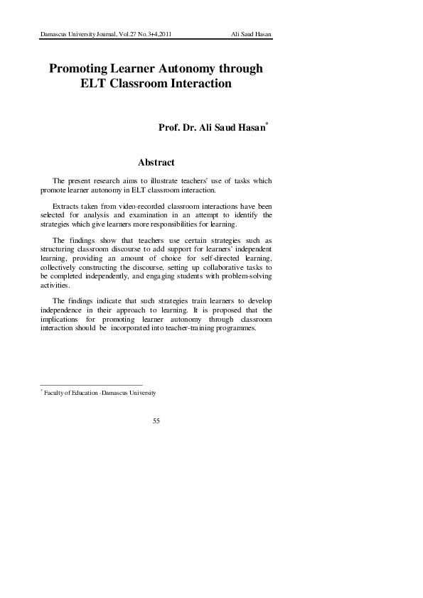 (PDF) Promoting Learner Autonomy through ELT Classroom Interaction