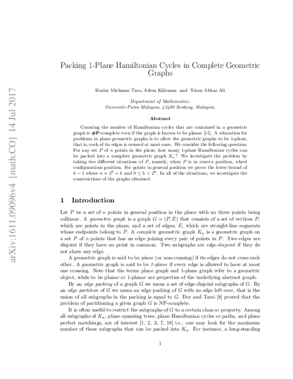 (PDF) Packing 1-Plane Hamiltonian Cycles in Complete Graphs