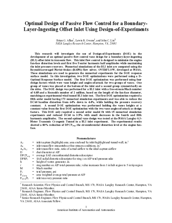 Pdf Optimal Design Of Passive Flow Control For A Boundary Layer Ingesting Offset Inlet Using