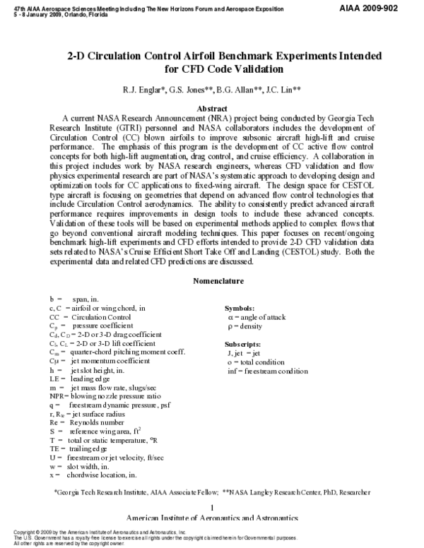 (PDF) 2-D Circulation Control Airfoil Benchmark Experiments Intended for CFD Code Validation