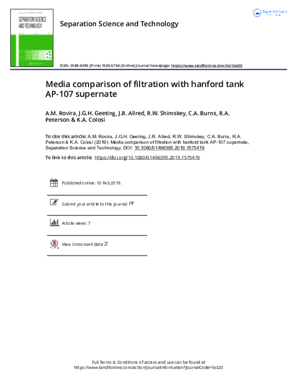 (PDF) Media comparison of filtration with hanford tank AP-107 supernate