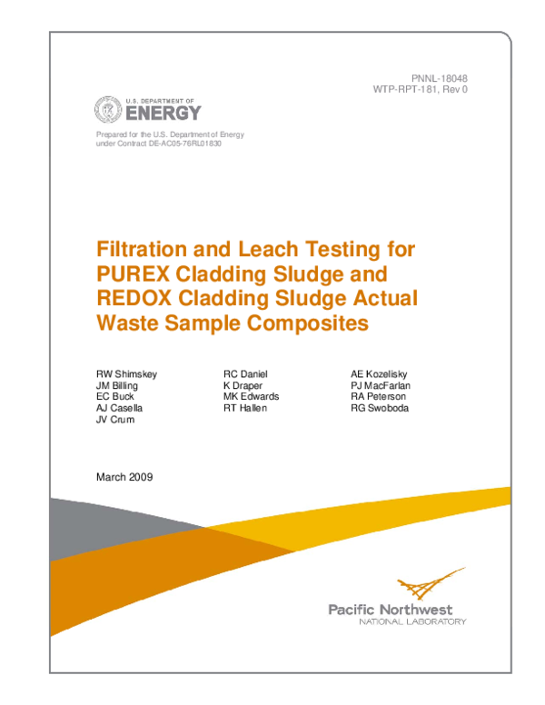 (PDF) Filtration and Leach Testing for PUREX Cladding Sludge and REDOX ...