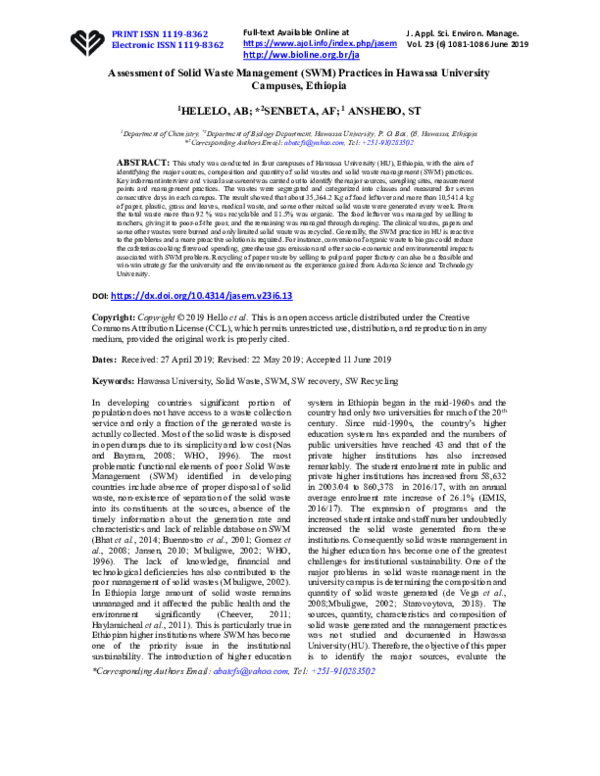 (PDF) Assessment of Solid Waste Management (SWM) Practices in Hawassa ...