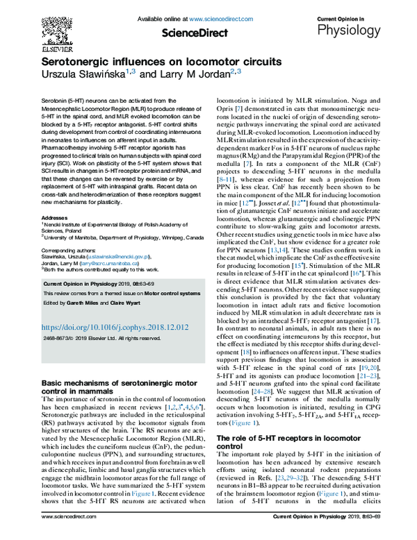 (PDF) Serotonergic influences on locomotor circuits