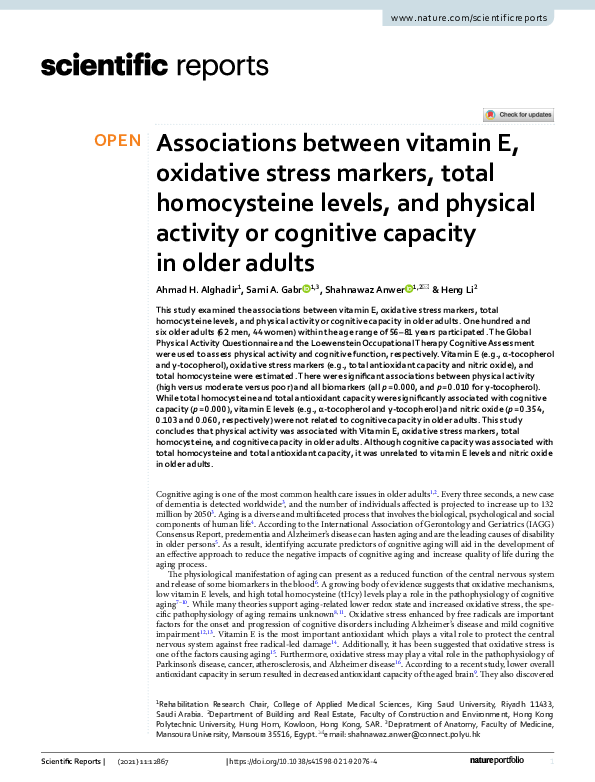 (PDF) Associations between vitamin E, oxidative stress markers, total homocysteine levels, and ...