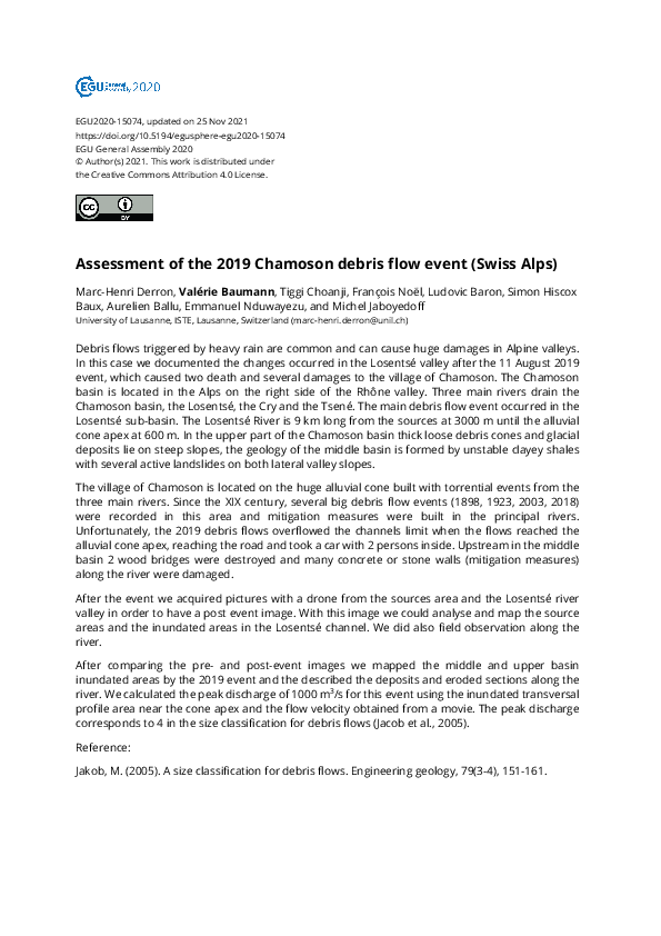 (PDF) Assessment of the 2019 Chamoson debris flow event (Swiss Alps)