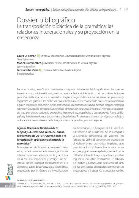 (PDF) Dossier bibliográfico: La transposición didáctica de la gramática: las relaciones ...