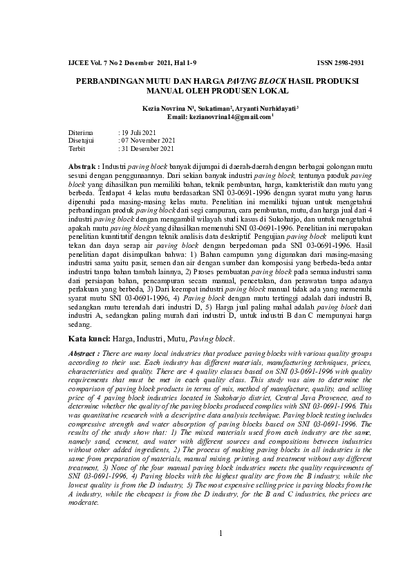 (PDF) Perbandingan Mutu Dan Harga Paving Block Hasil Produksi Manual Oleh Produsen Lokal