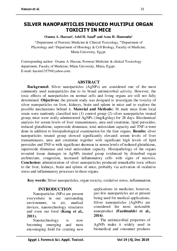 (PDF) Silver Nanoparticles Induced Multiple Organ Toxicity in Mice