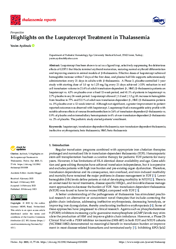 (PDF) Highlights on the Luspatercept Treatment in Thalassemia | Yesim Aydinok - Academia.edu
