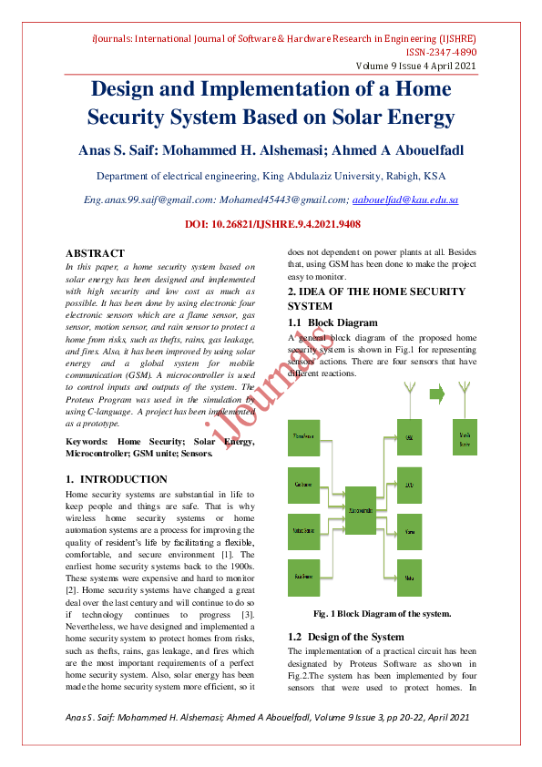 (PDF) Design and Implementation of a Home Security System Based on Solar Energy