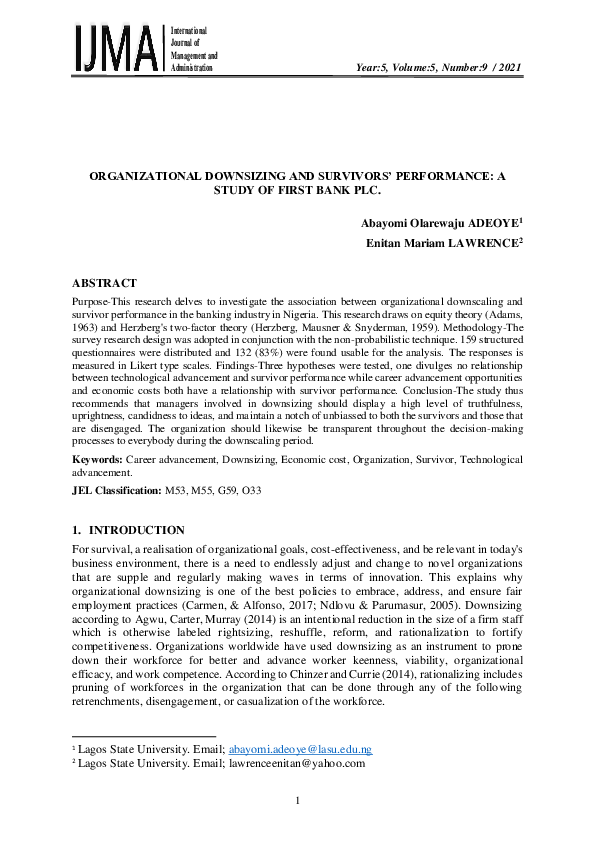 (PDF) Organizational Downsizing and Survivors’ Performance: A Study of First Bank PLC