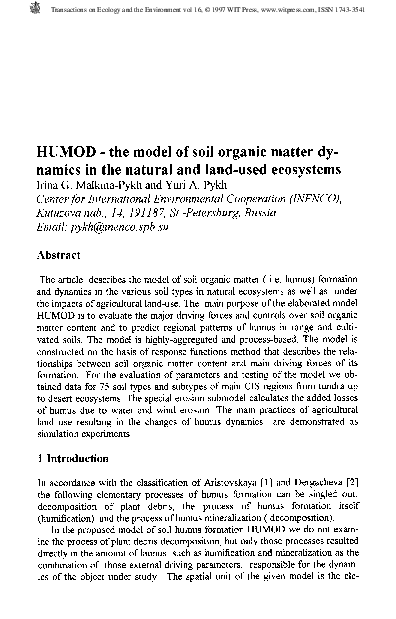(PDF) HUMOD - The Model Of Soil Organic Matter Dy-Namics In The Natural ...