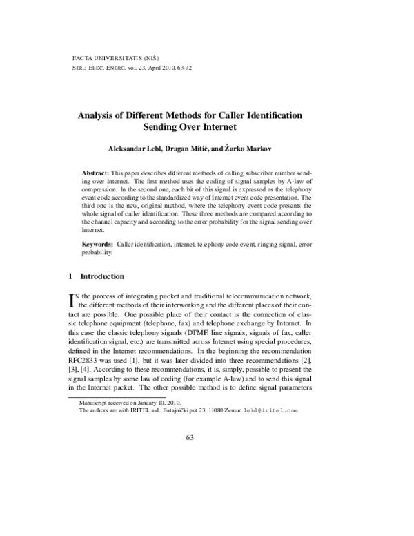 (PDF) Analysis of different methods for caller identification sending over internet