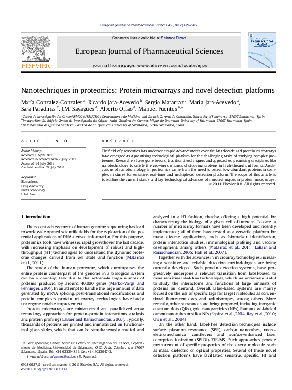(PDF) Nanotechniques in proteomics: Protein microarrays and novel detection platforms