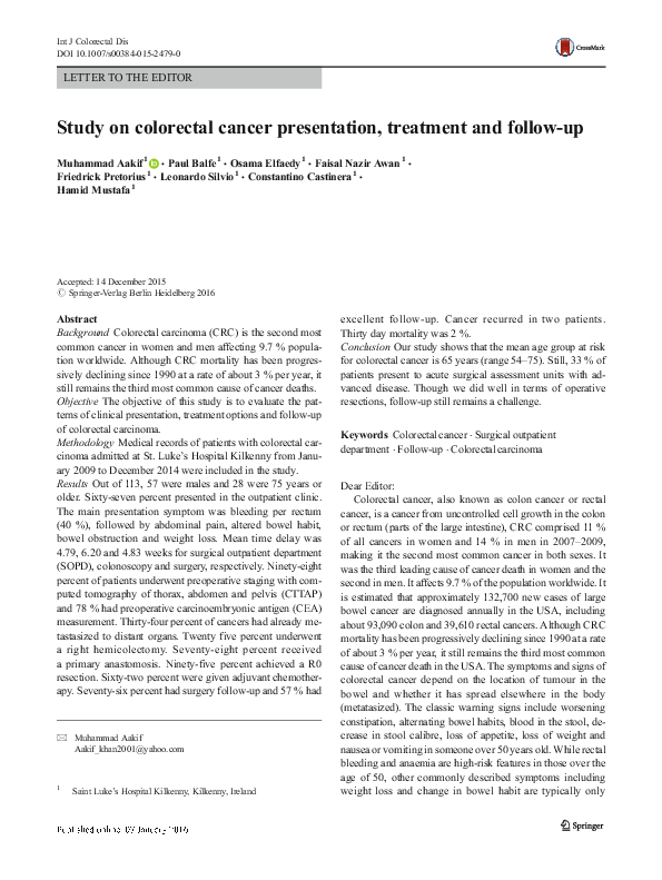 (PDF) Study on colorectal cancer presentation, treatment and follow-up