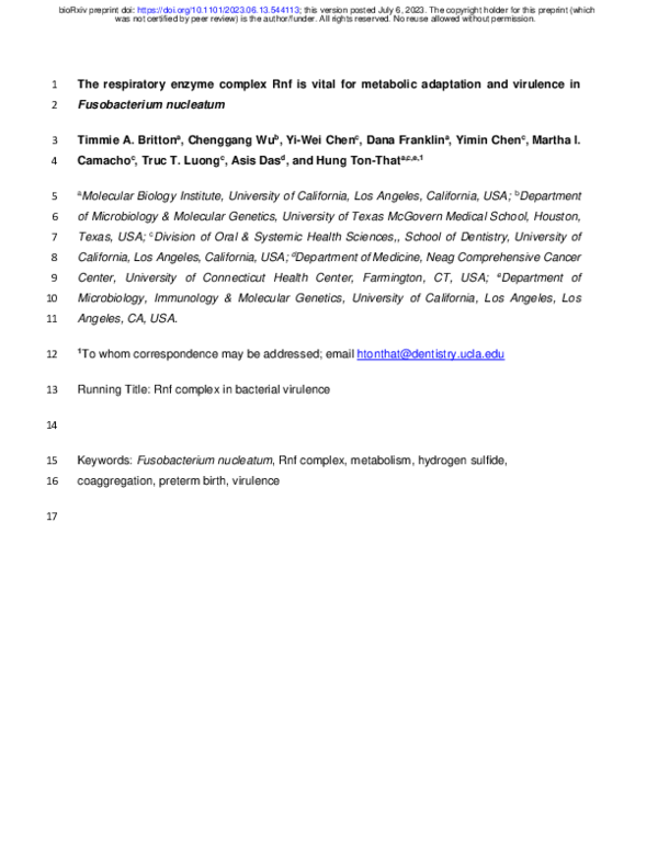 (PDF) The respiratory enzyme complex Rnf is vital for metabolic ...