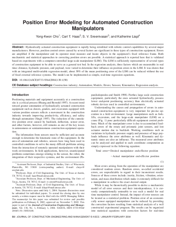 (PDF) Position Error Modeling for Automated Construction Manipulators