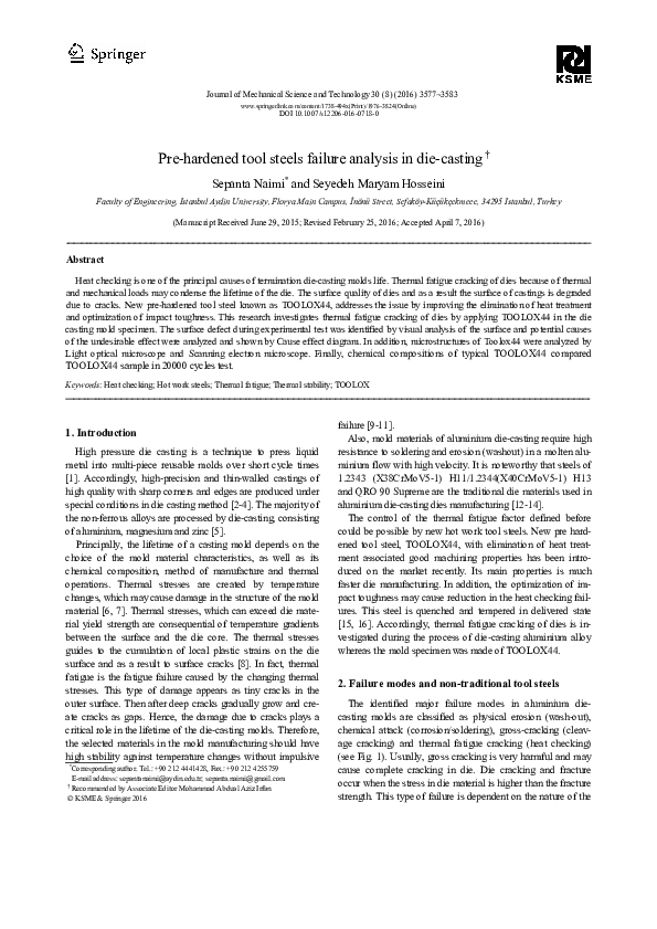 (PDF) Pre-hardened tool steels failure analysis in die-casting