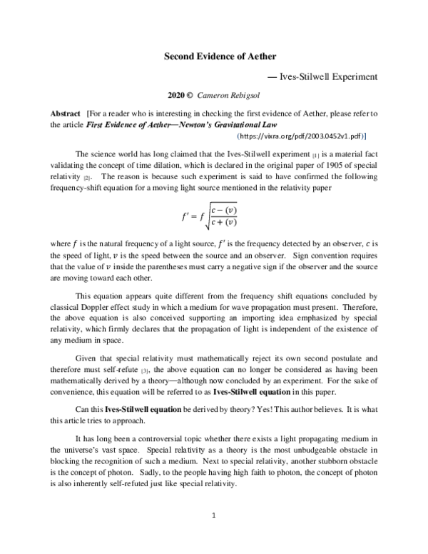 (PDF) Second Evidence of Aether ― Ives-Stilwell Experiment