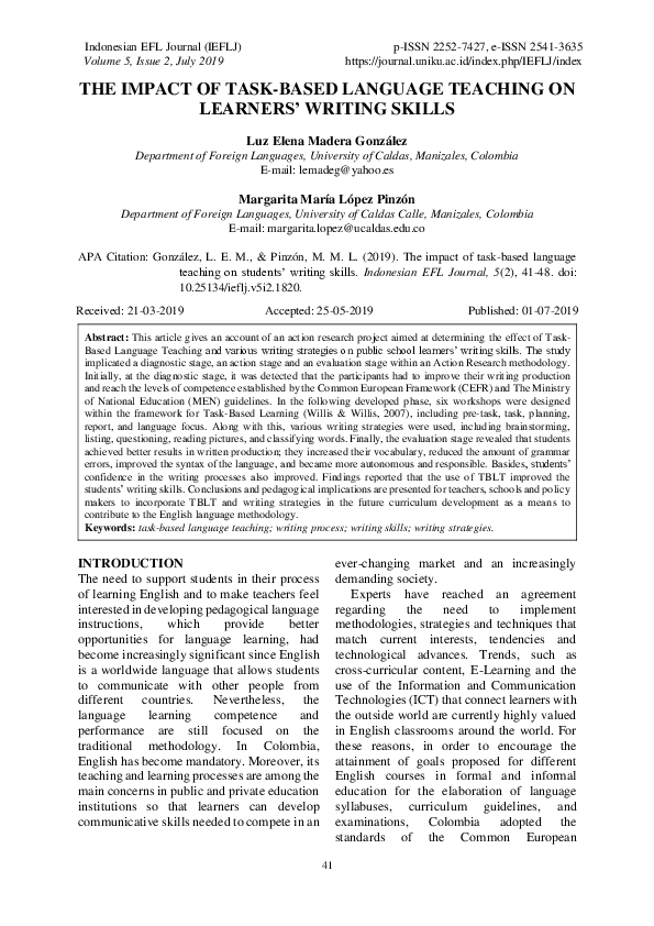 (PDF) The Impact of Task-Based Language Teaching on Learners Writing Skills